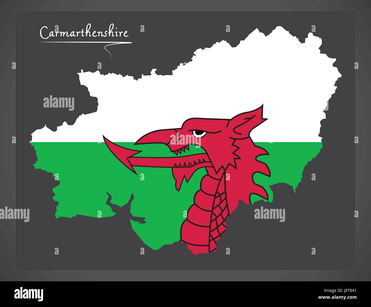 Carmarthenshire Wales map with Welsh national flag illustration Stock ...