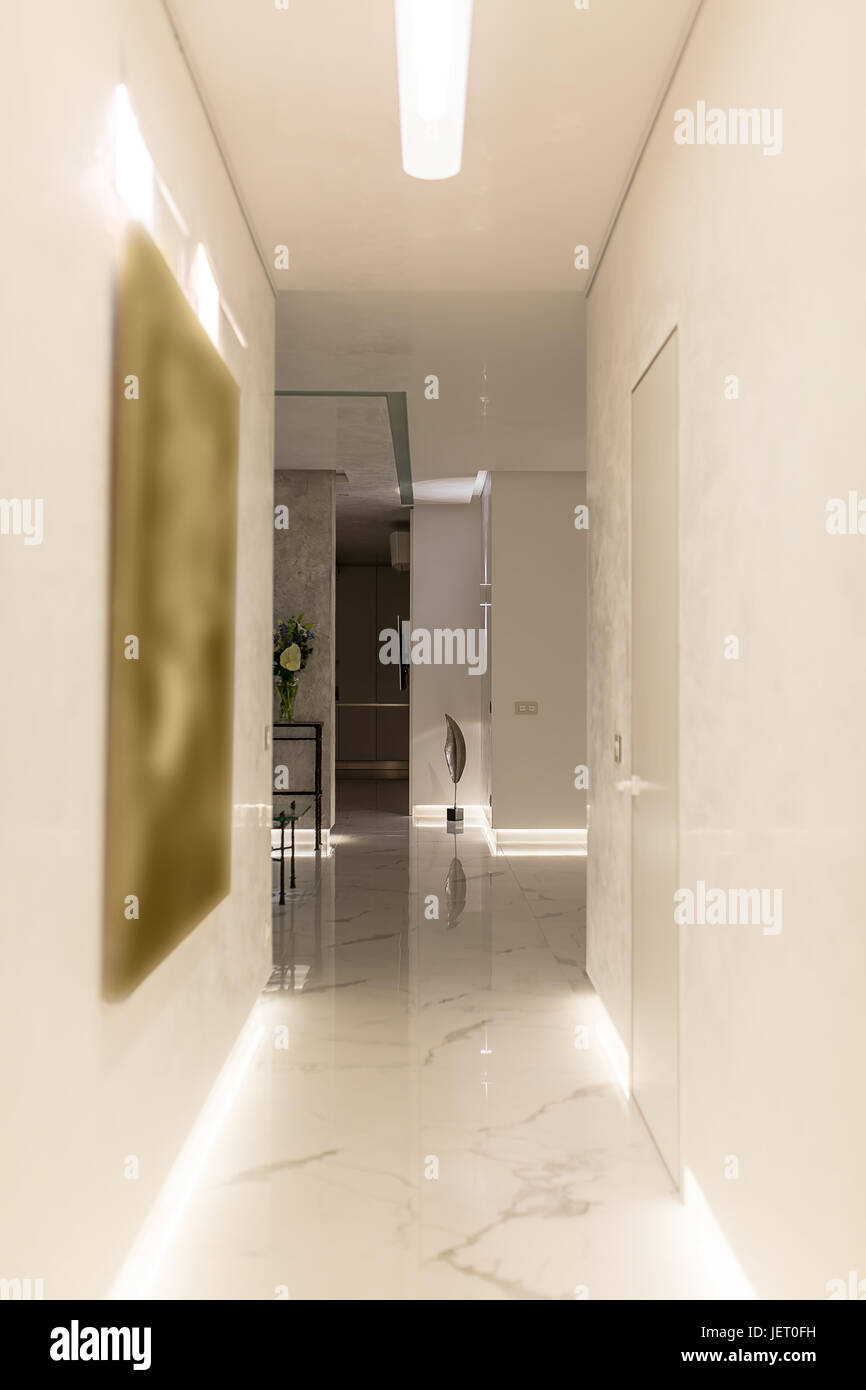 Corridor in a modern style with light walls and a tiled floor. There is ...