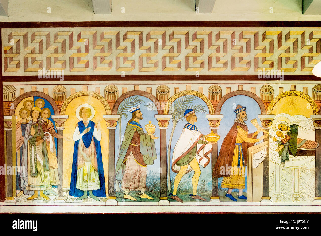 The holy three kings bring their gifts to the Christchild. Romanesque ...