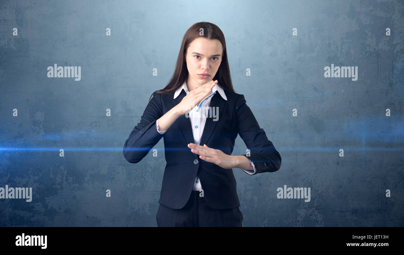 Closeup portrait businesswoman raising hands in the air attack with ...