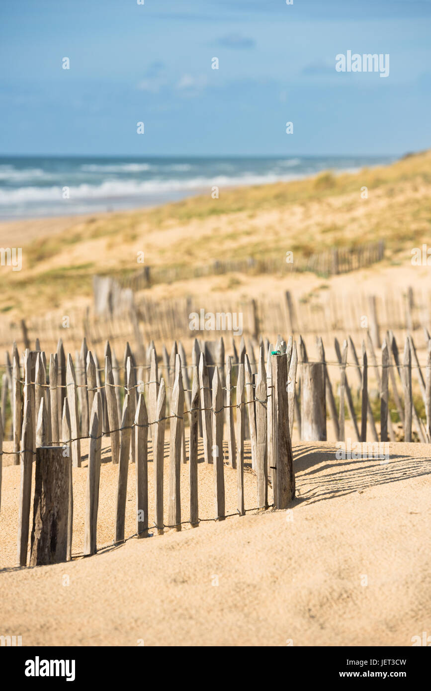 Wooden fence on an Atlantic beach in France, The Gironde Department ...