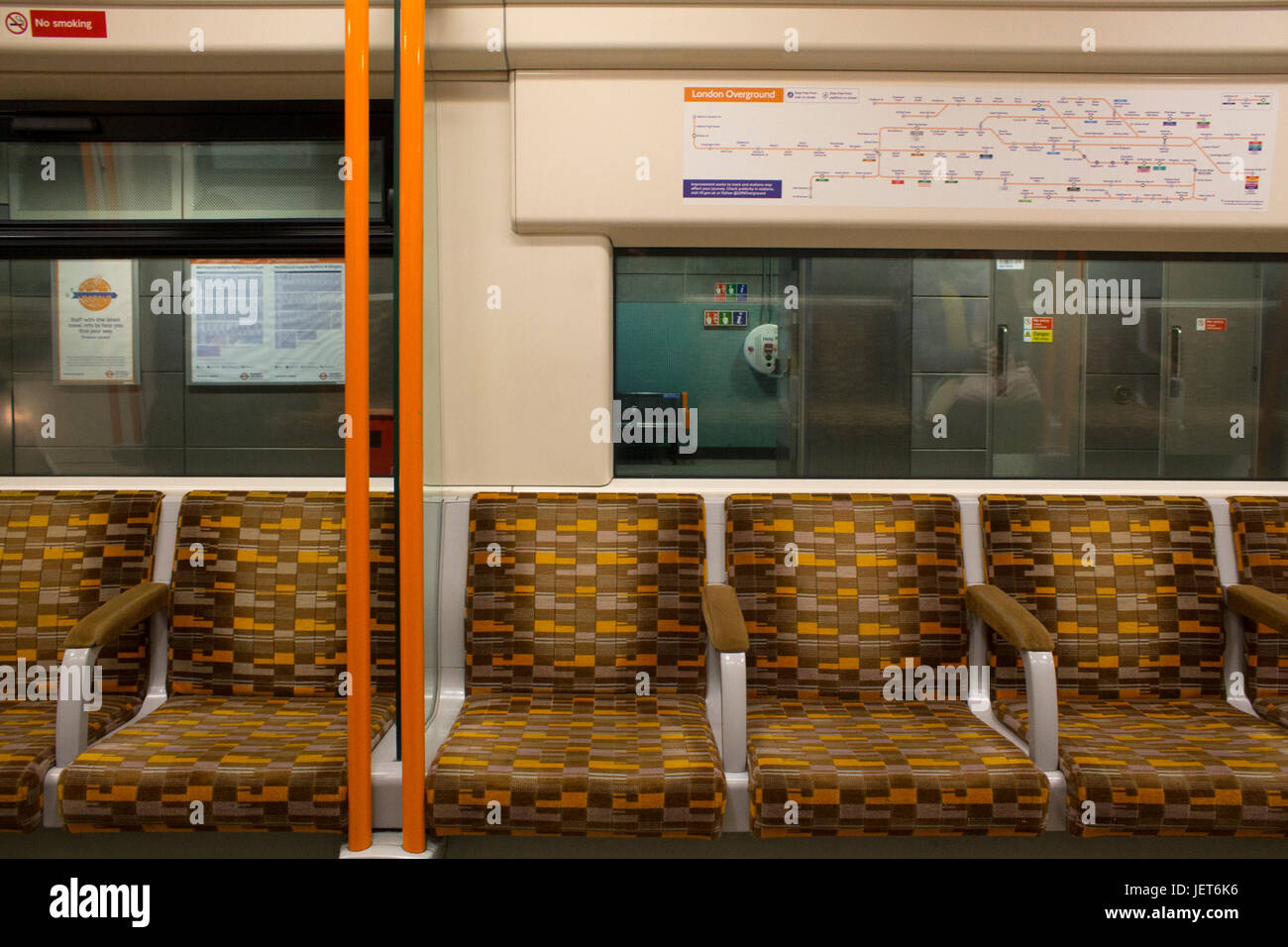 London Overground, England, UK - Inside an empty train at a station ...