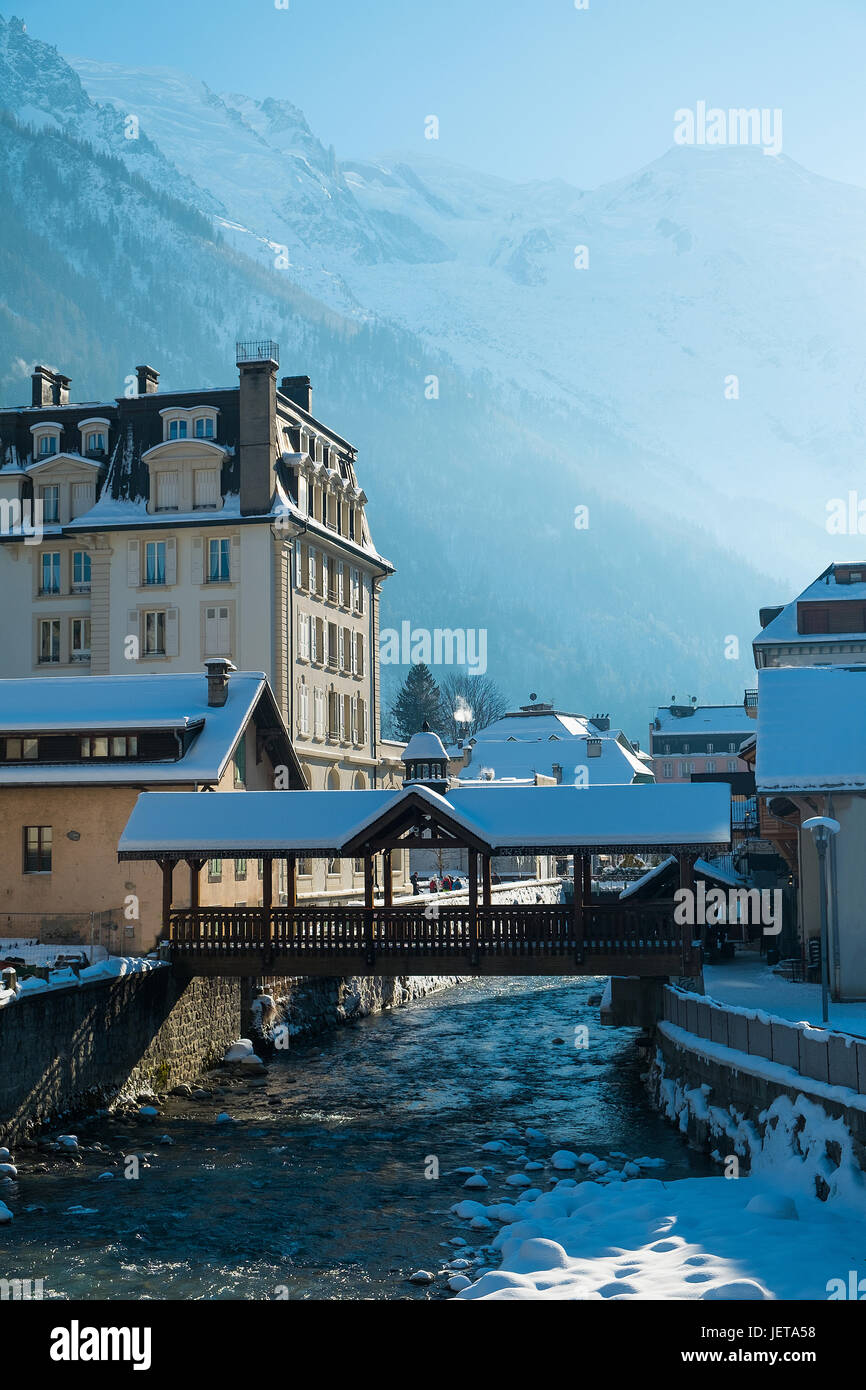Chamonix downtown in winter with Arve river, France Stock Photo - Alamy