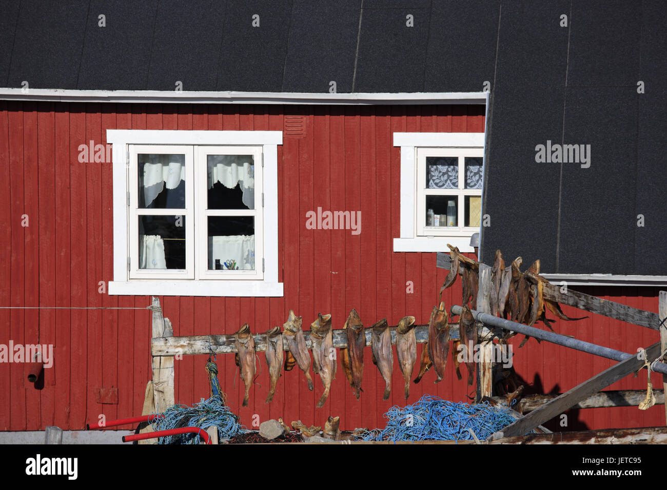 Greenland, Uummannaq, house, detail, wooden rack, dry fish, hang ...