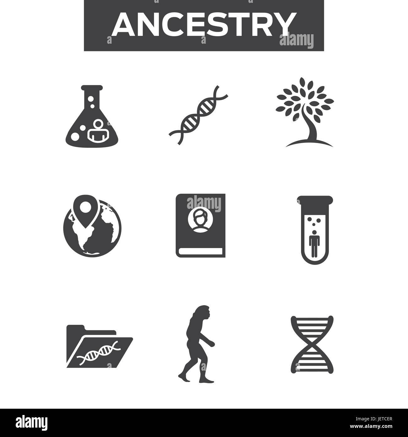 Ancestry or Genealogy Icon Set with Family Tree Album, DNA, beakers ...