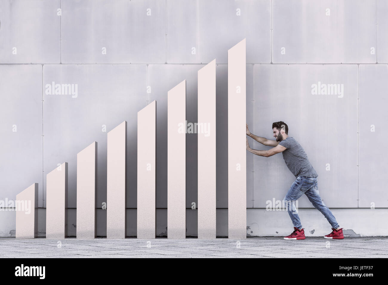 A red bar line graph rises like a financial graph or graphic with a ...