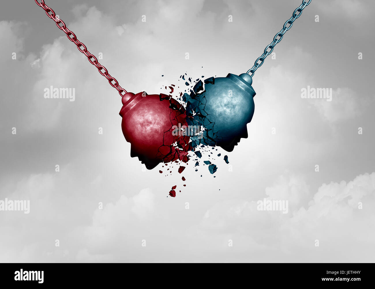 Conflict concept and clash of opponents symbol as two wrecking ball ...