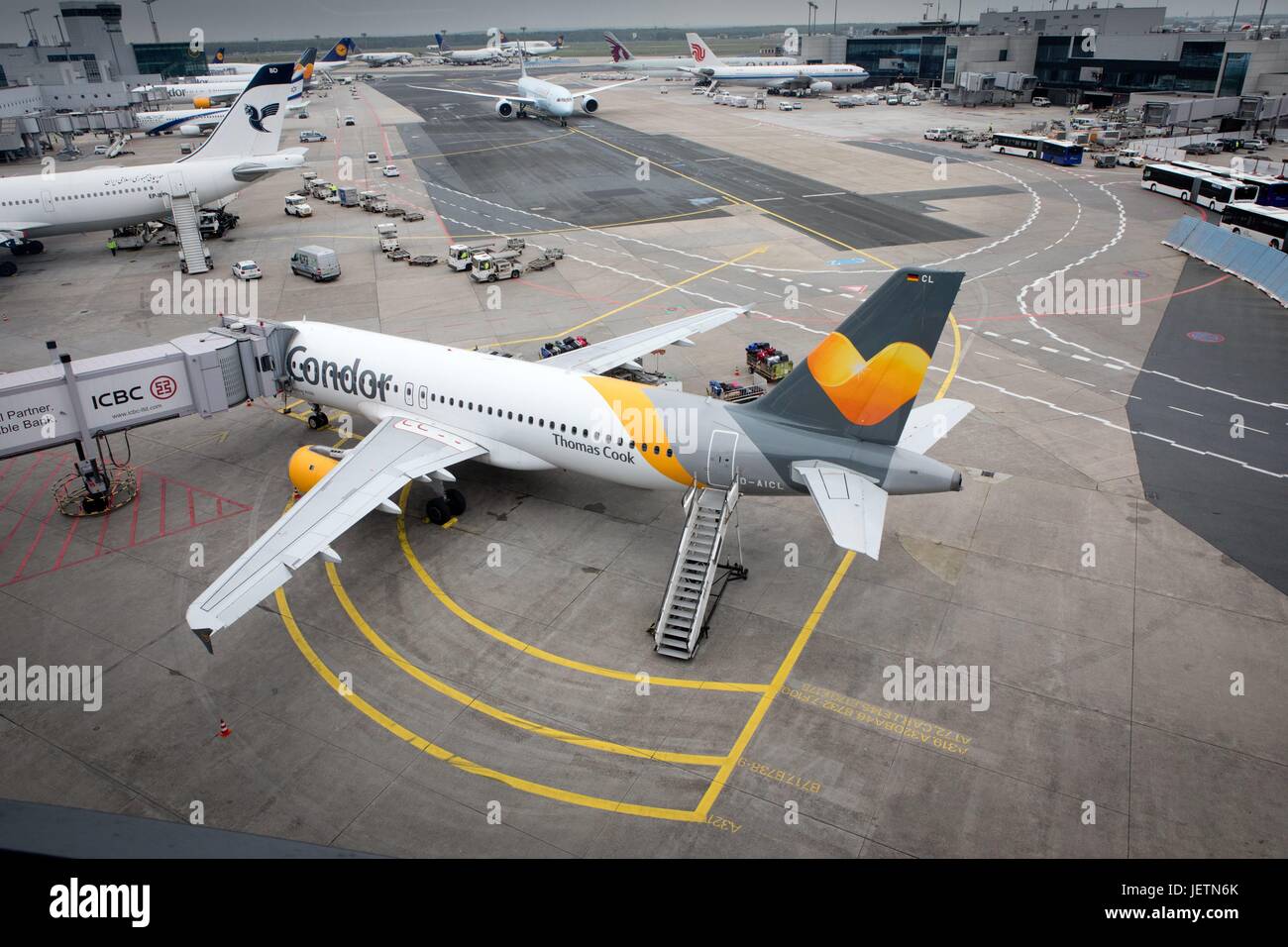 A Condor Boeing 767 attached to a jet bridge at Frankfurt Airport, in ...