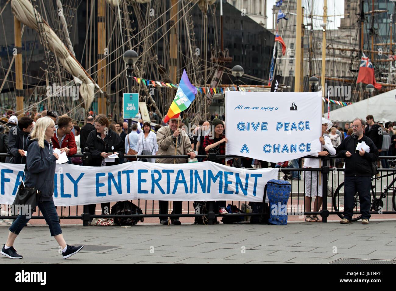 Peace demonstrators at the Armed Forces Day parade at the Albert Dock ...