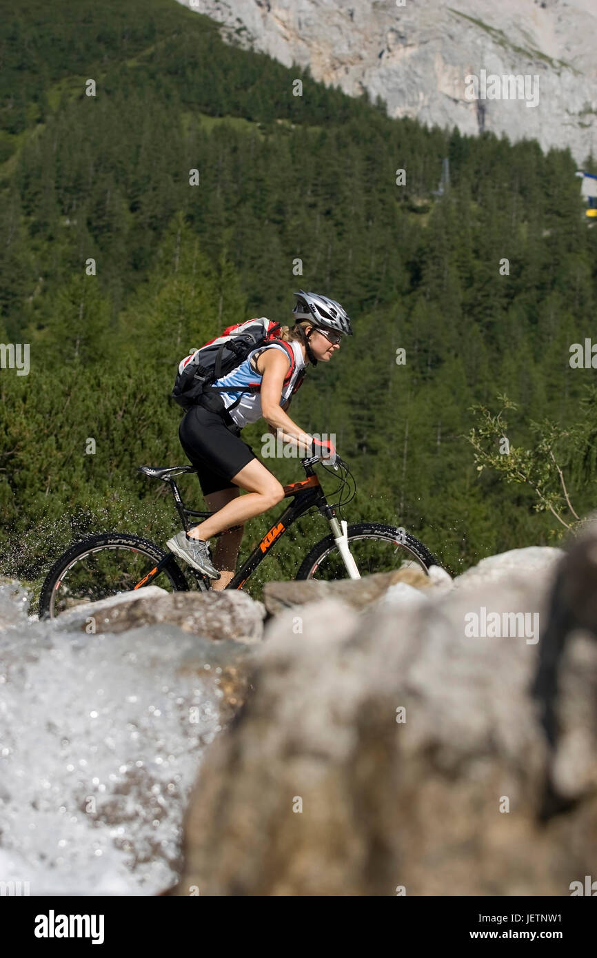 Man with the mountain bike in alpine scenery, Mann mit dem Mountainbike ...