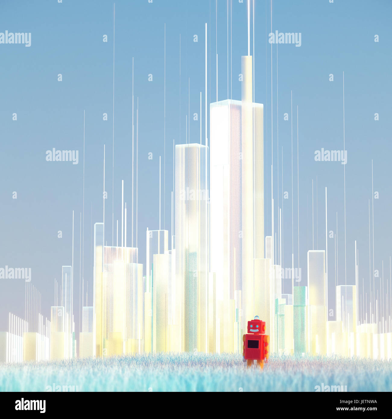 futuristic translucent city skyline and red toy robot in blue grass ...