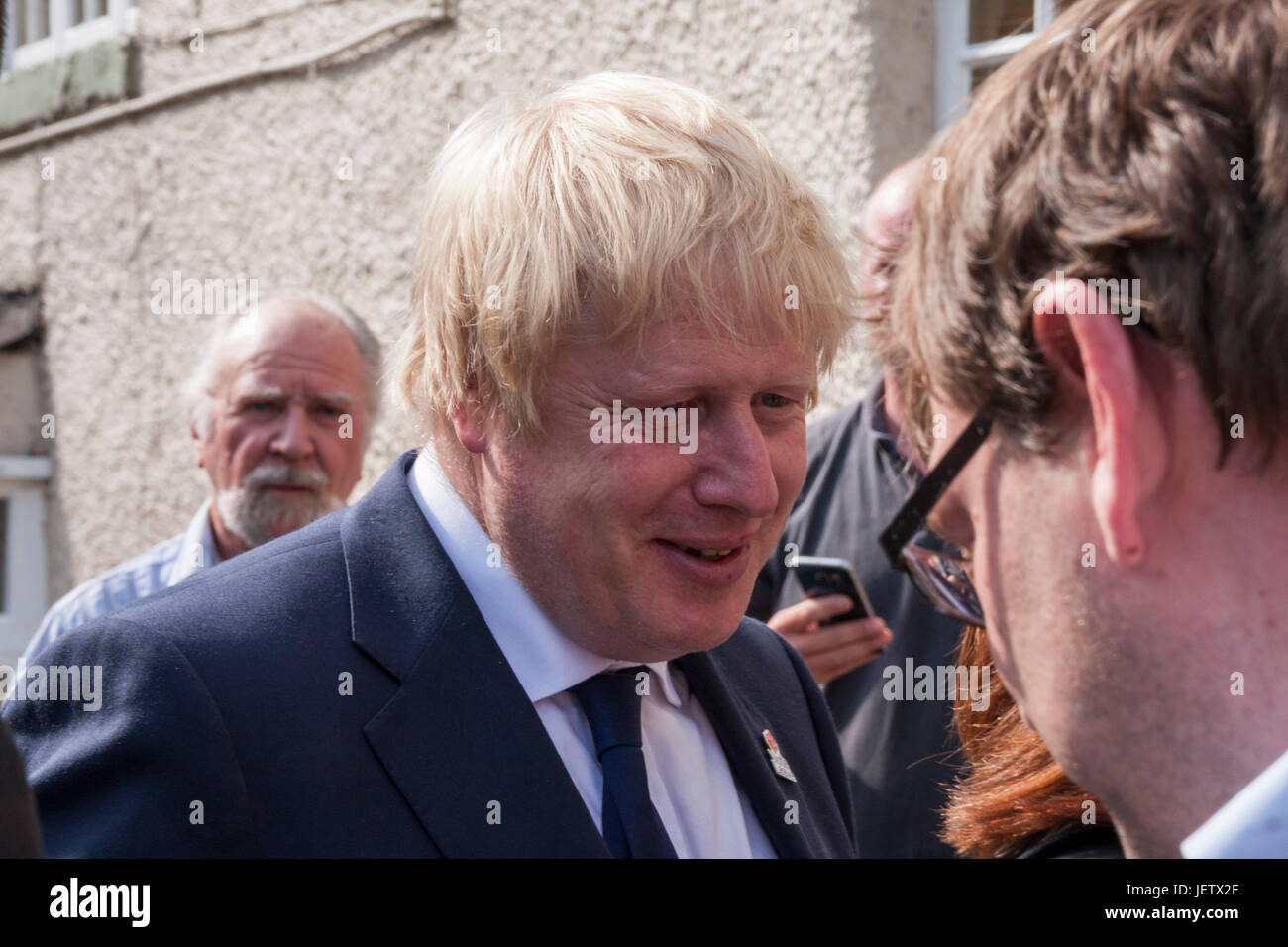 Boris Johnson being interviewed by Kay Burley of Sky News outside the ...