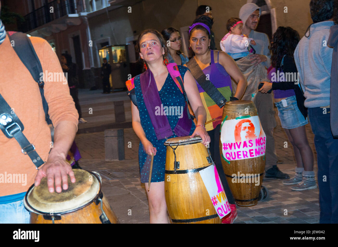 QUITO, ECUADOR- MAY 06, 2017: Group of artist with wooden drums in a ...