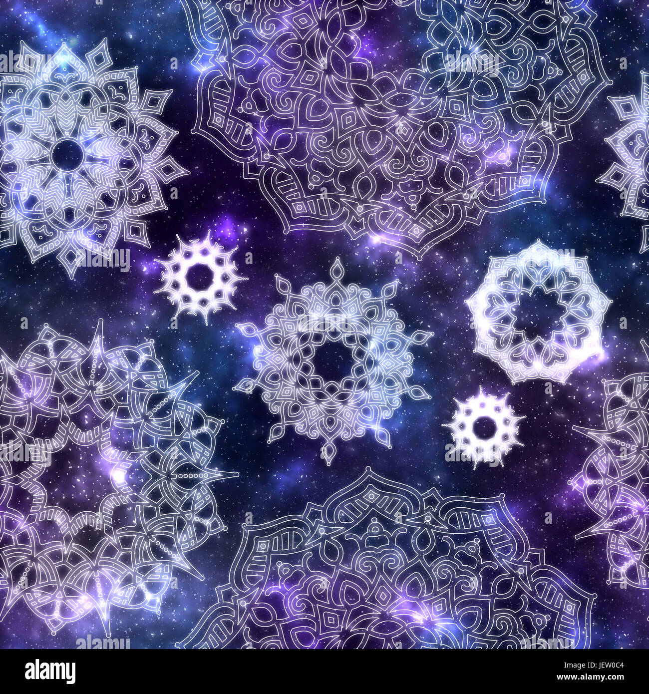 Seamless pattern of cosmic texture and white glowing mandala. Geometric ...
