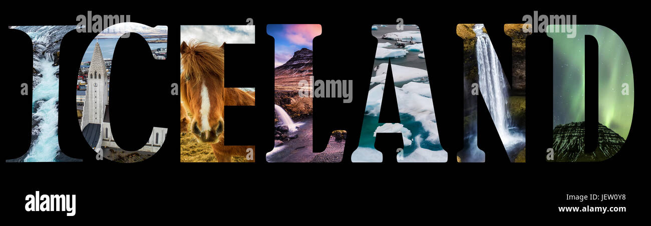 Iceland word - country name with background travel postcard photo Stock ...