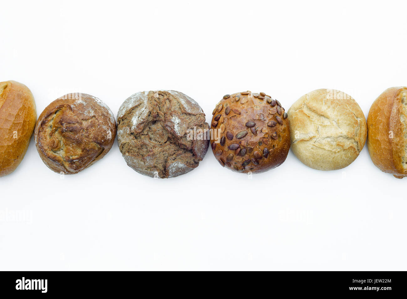 Group of german traditional breads lined up on white isolated ...