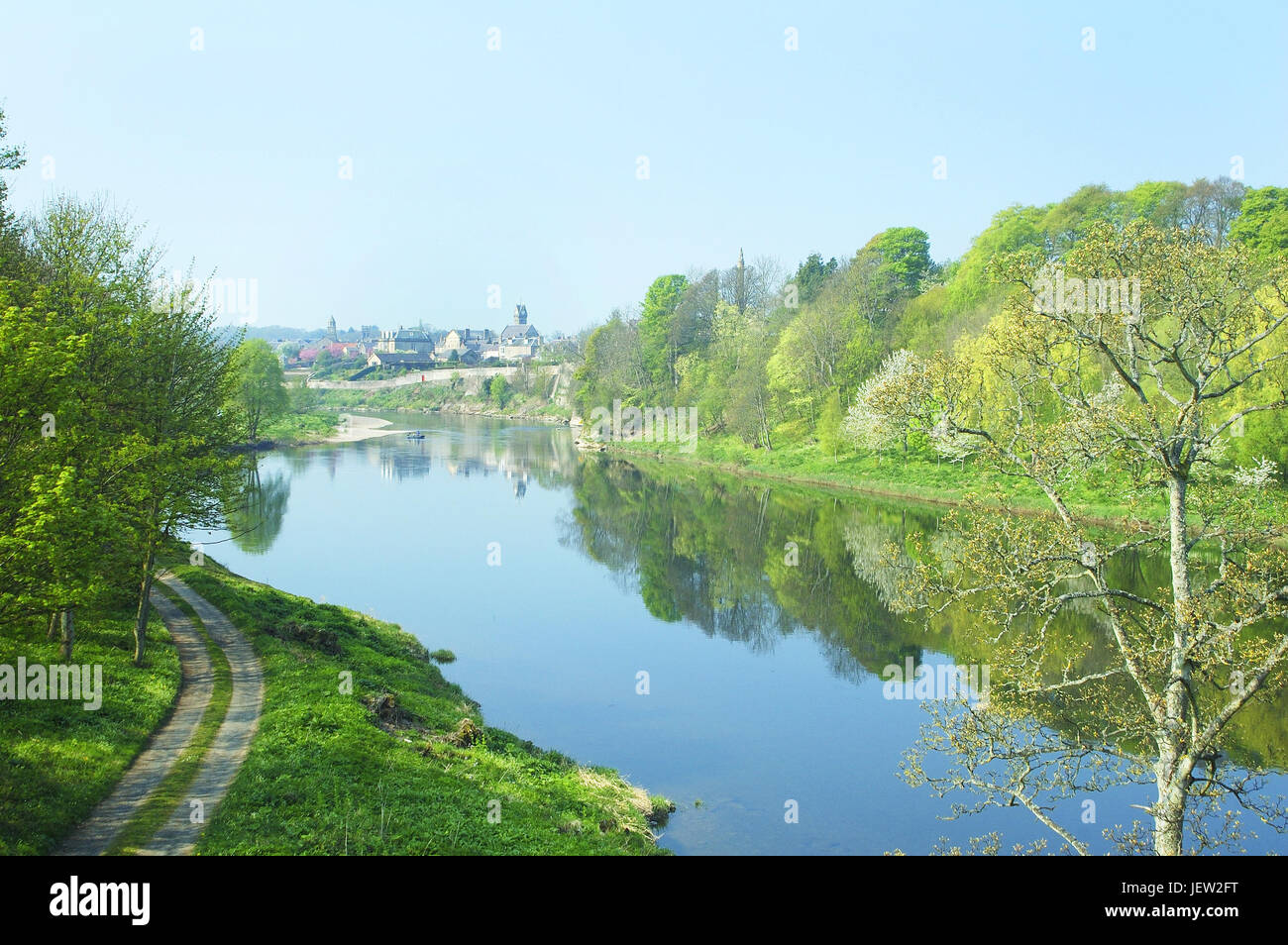 river Tweed with town of Coldstream on the Scottish Borders in a spring ...