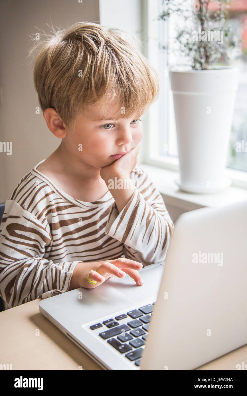 Boy playing on laptop Stock Photo - Alamy