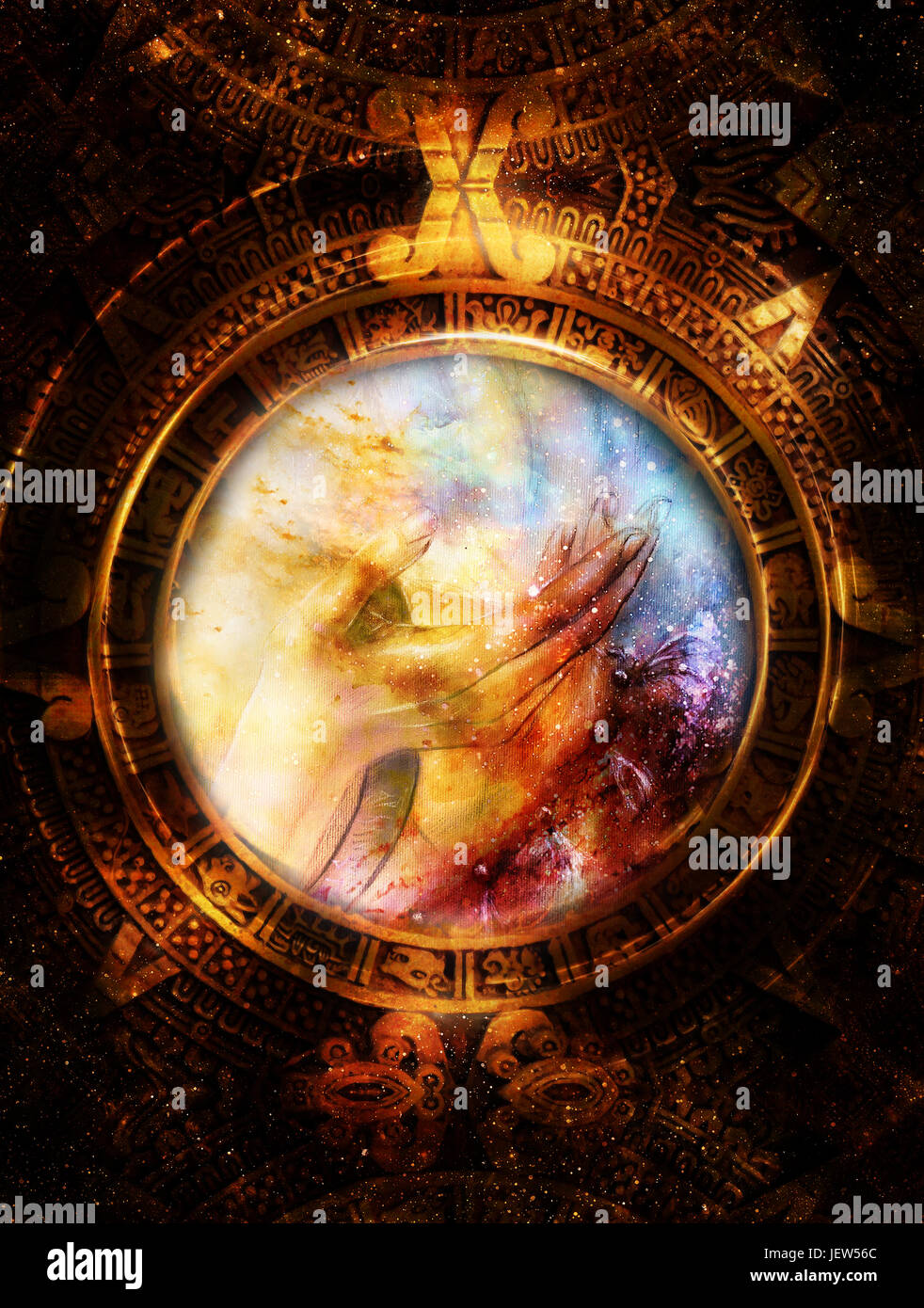 Ancient Mayan Calendar and woman hand in cosmic space. computer collage ...