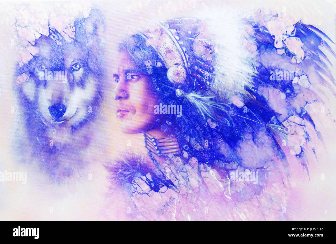 painting of a young indian warrior wearing a gorgeous feather headdress ...