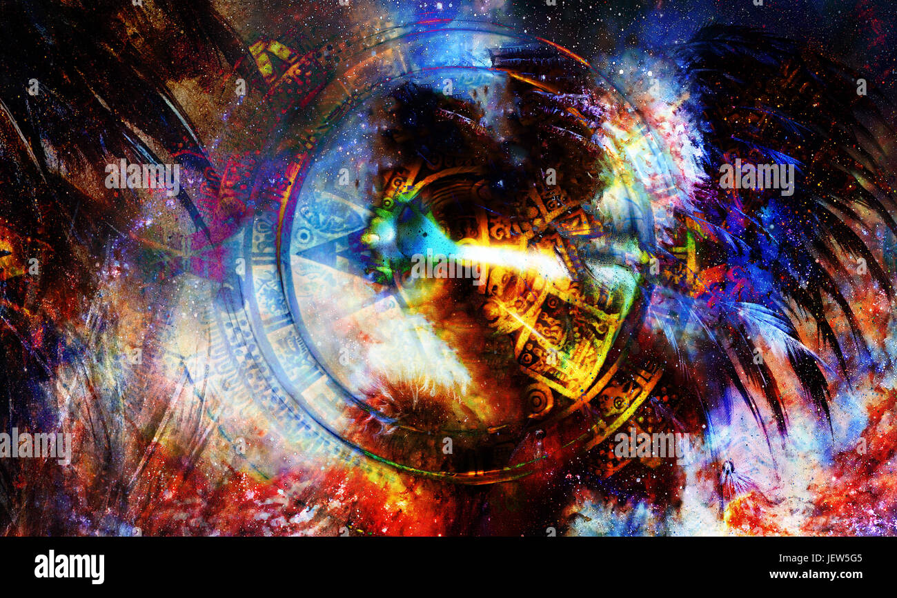 Ancient Mayan Calendar and feathers in Cosmic space. computer collage ...