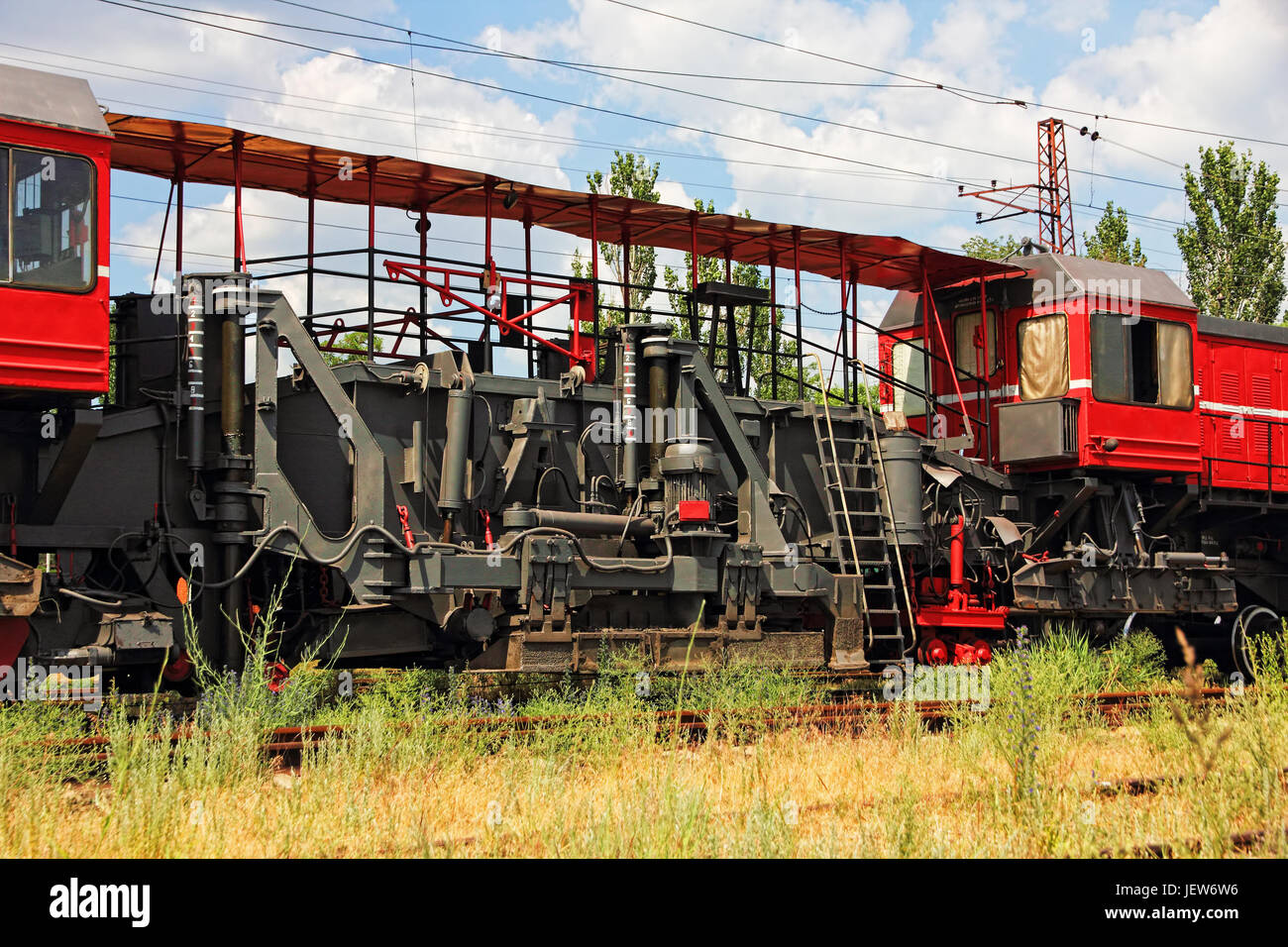 Railway track service car fixing and repairing the railroad taken ...