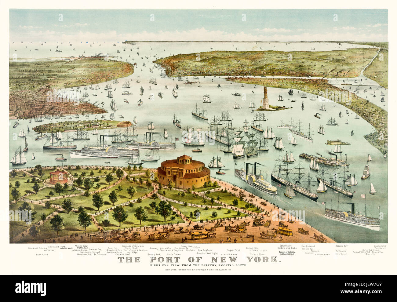 Old bird-eye view of the port of New York from the battery. Publ ...