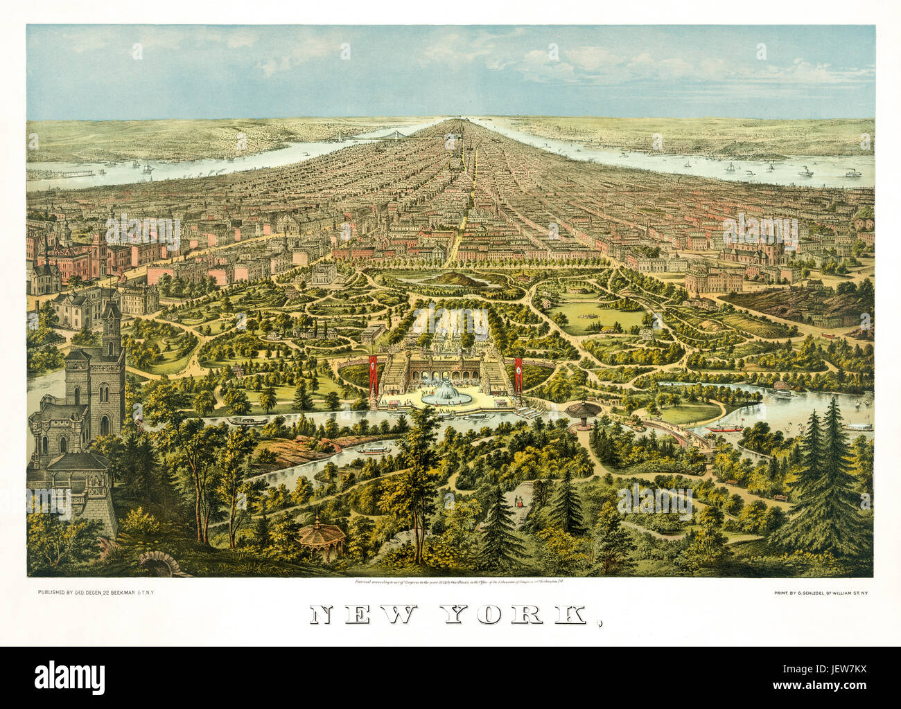 Old aerial view of New York from Central Park. By George Schlegel, publ ...