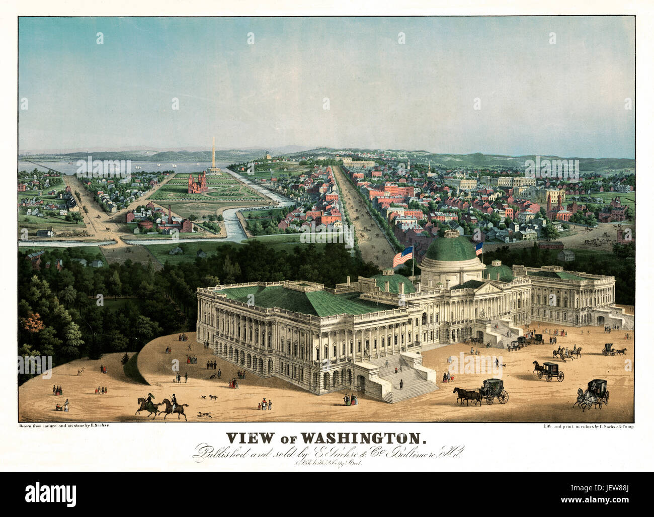 Old aerial view of Washington D.C., U.S. Capitol in the foreground ...