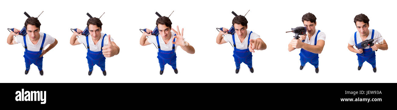 Funny repairman with drill isolated on white Stock Photo - Alamy