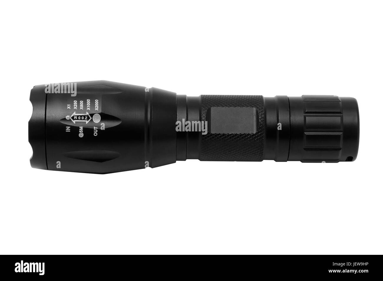 Metallic tactical LED flashlight with zoom isolated on white background ...