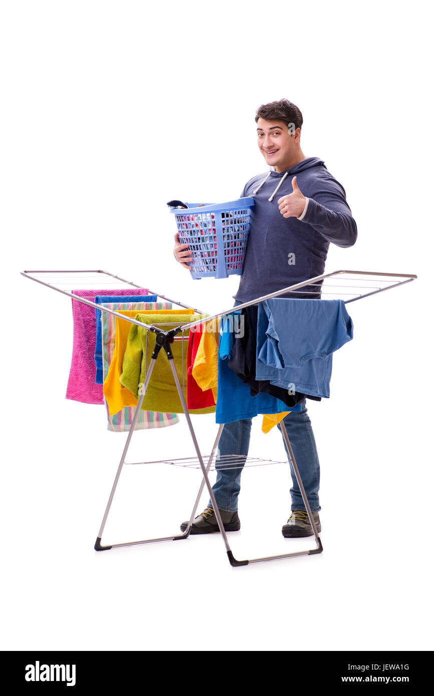 Husband man doing laundry isolated on white Stock Photo - Alamy