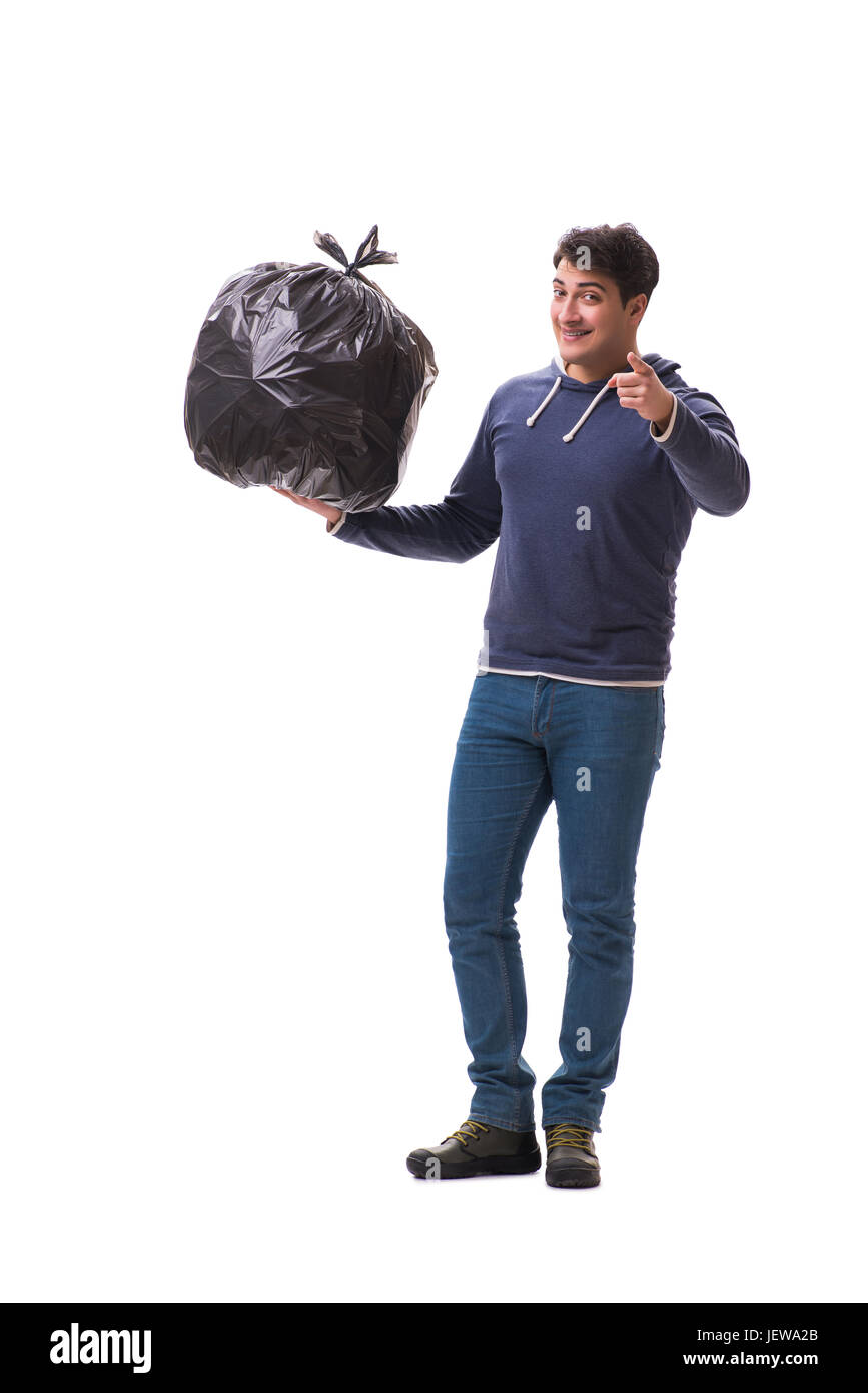 Man with garbage sack isolated on white Stock Photo - Alamy