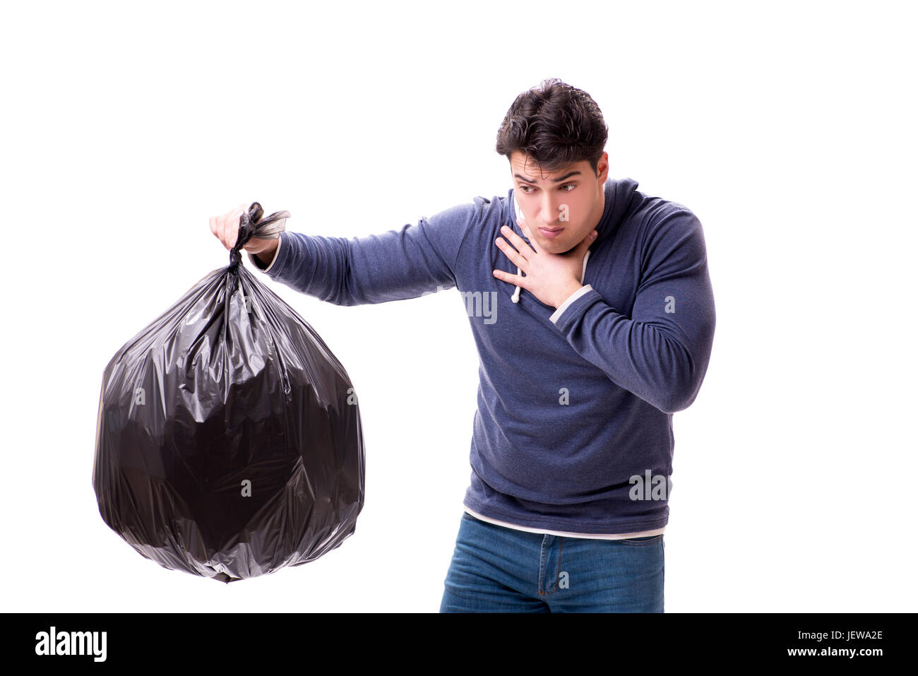 Man with garbage sack isolated on white Stock Photo - Alamy