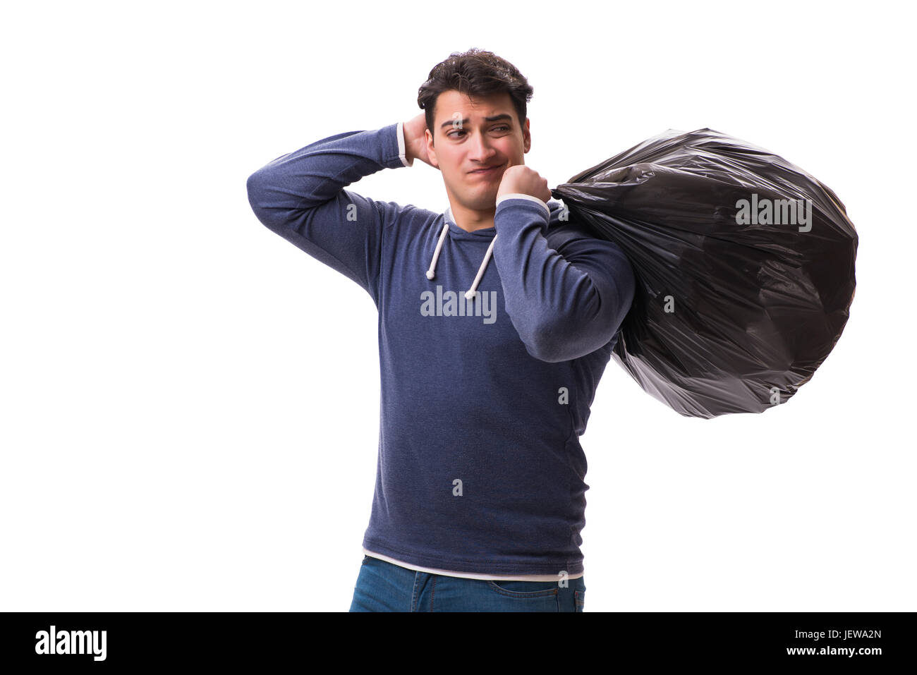 Man with garbage sack isolated on white Stock Photo - Alamy