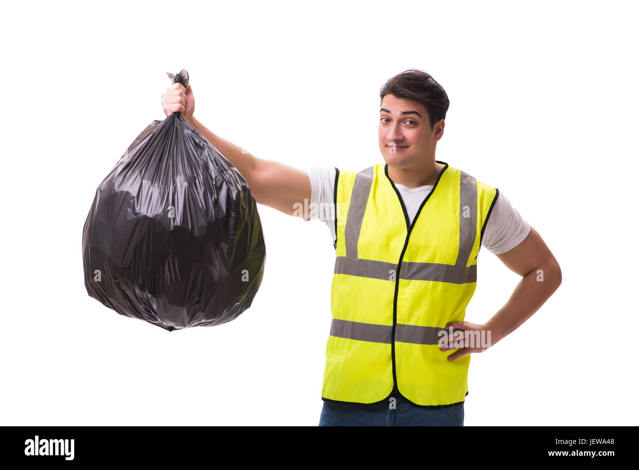 Man with garbage sack isolated on white Stock Photo - Alamy