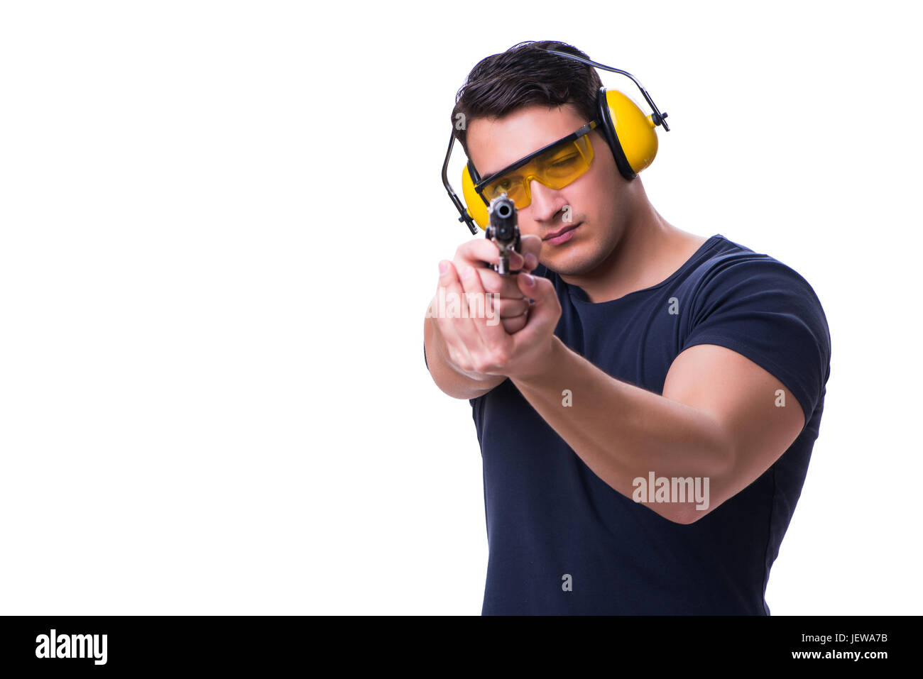 Man doing sport shooting from gun isolated on white Stock Photo - Alamy