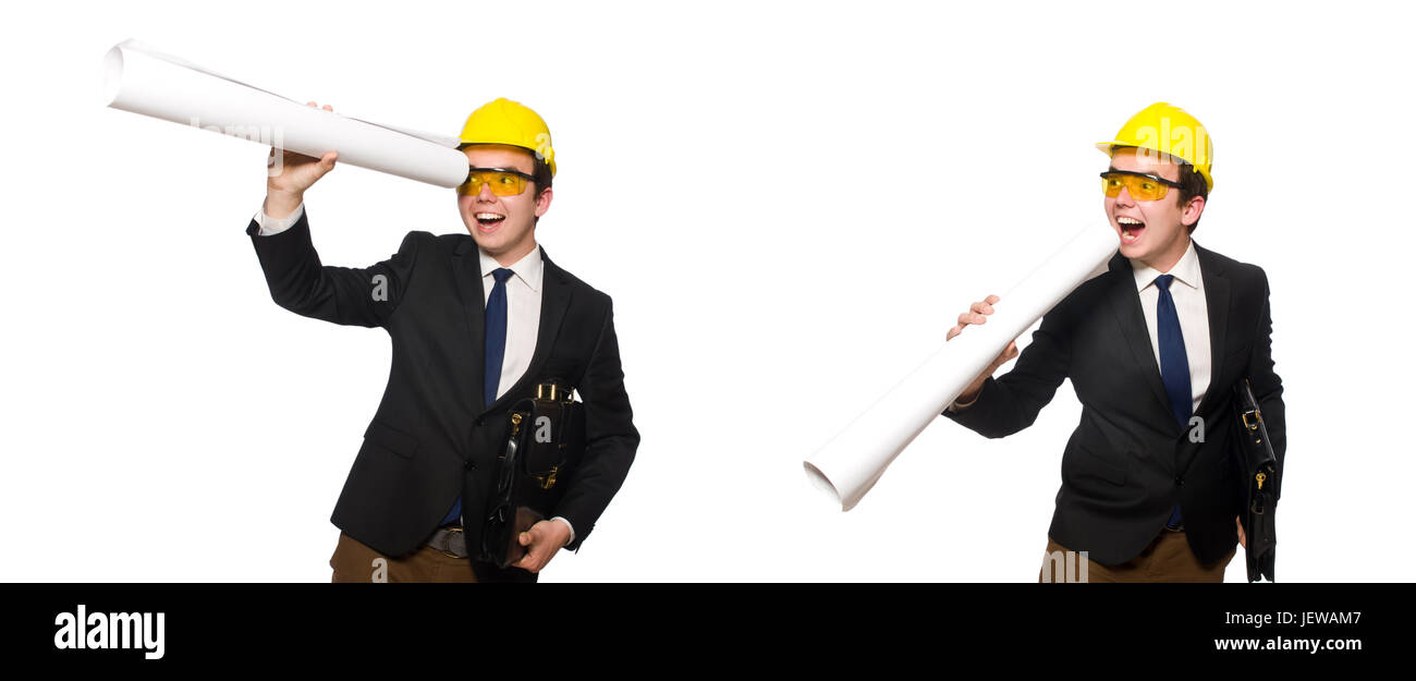 Funny architect with drawings on white Stock Photo - Alamy