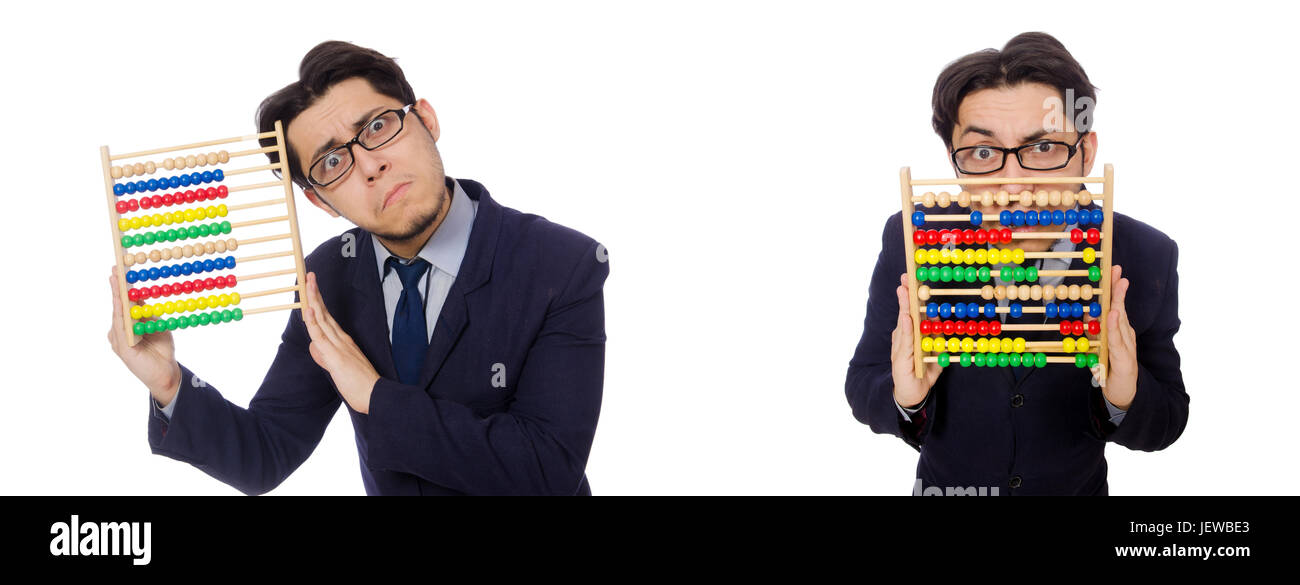 Funny businessman with abacus isolated on the white Stock Photo - Alamy