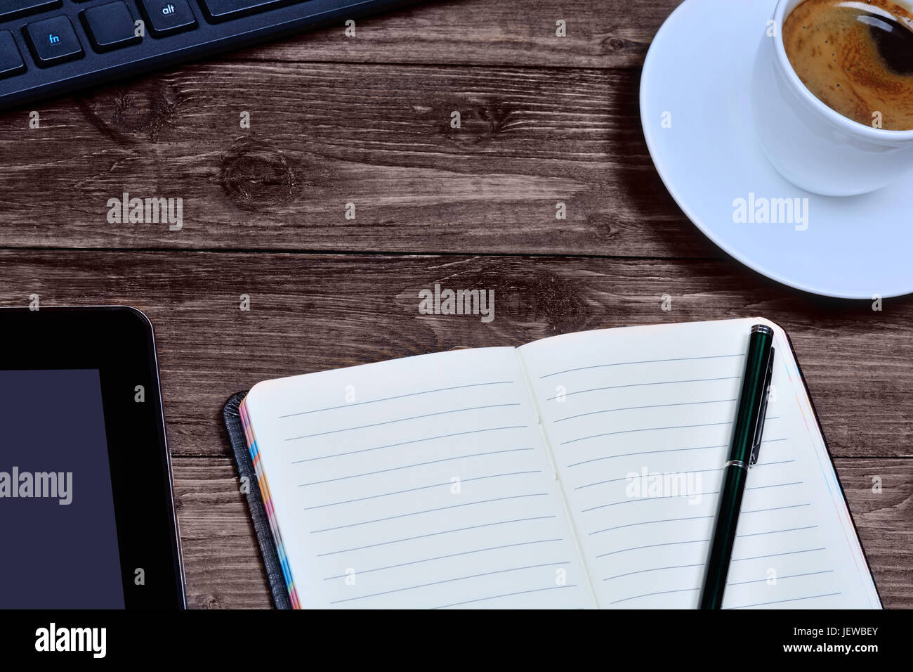 Objects business on wooden table Stock Photo - Alamy
