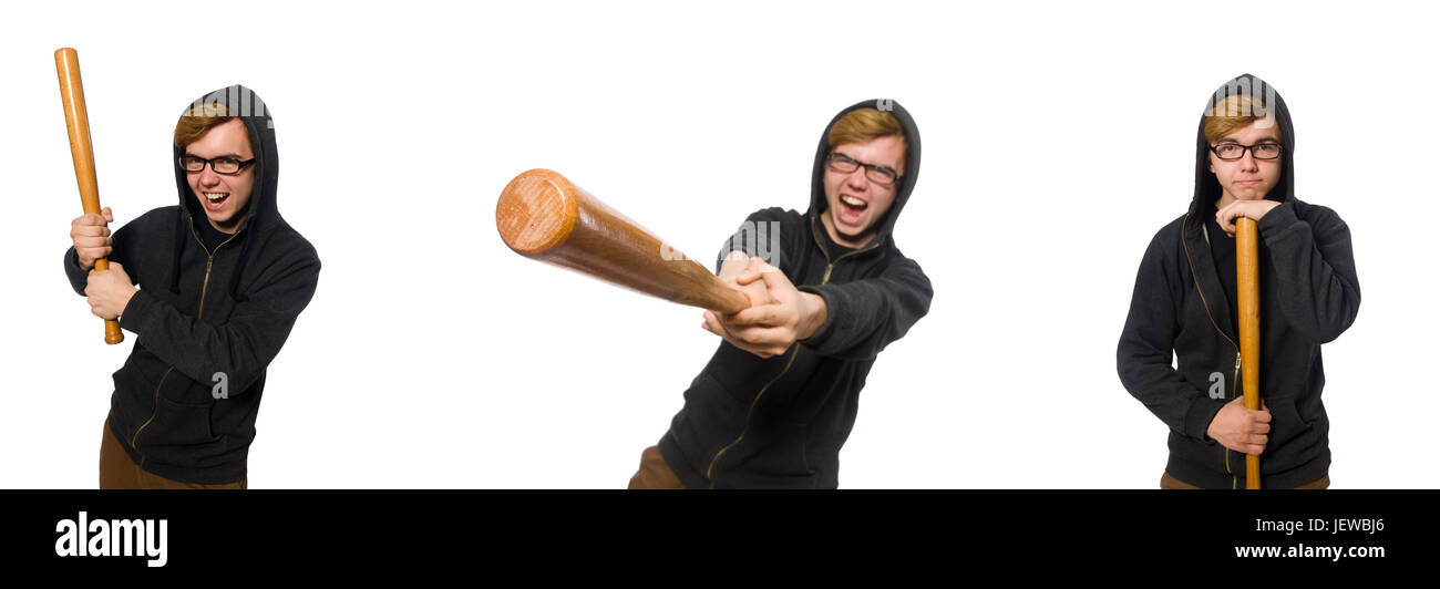 Aggressive man with baseball bat isolated on white Stock Photo - Alamy