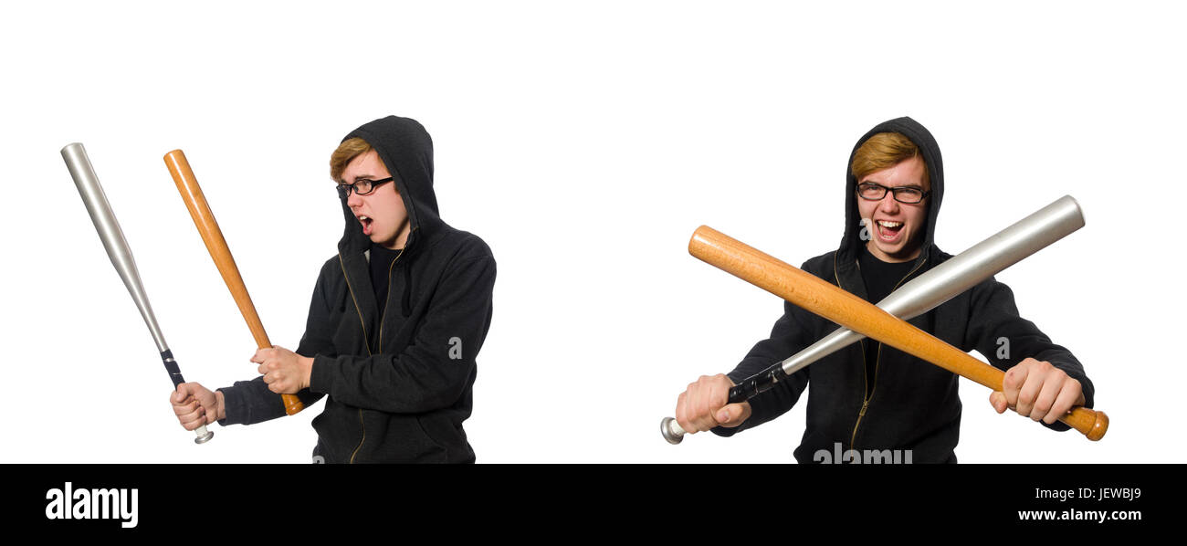 Aggressive man with baseball bat isolated on white Stock Photo - Alamy