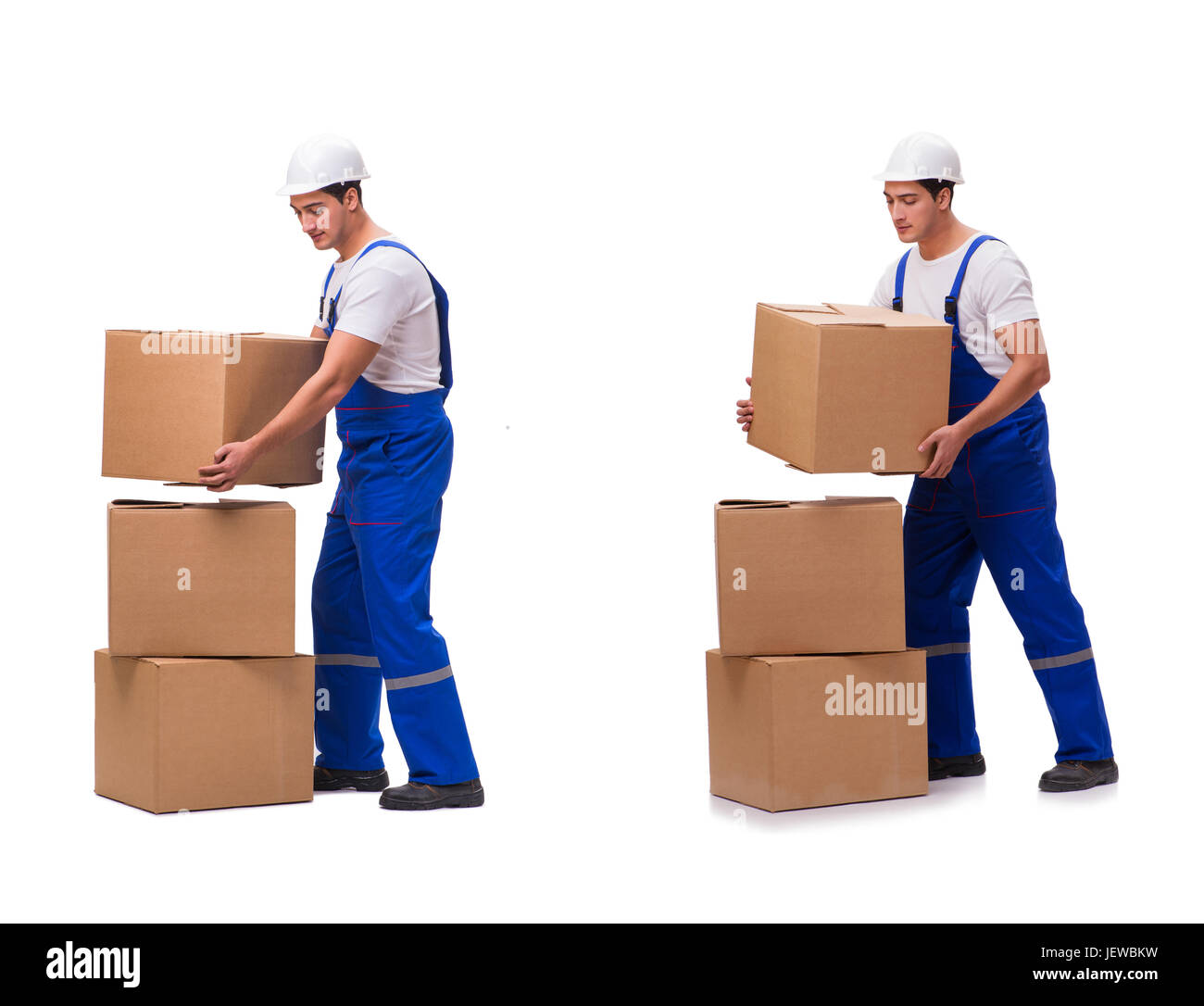 Man delivering box isolated on white Stock Photo - Alamy
