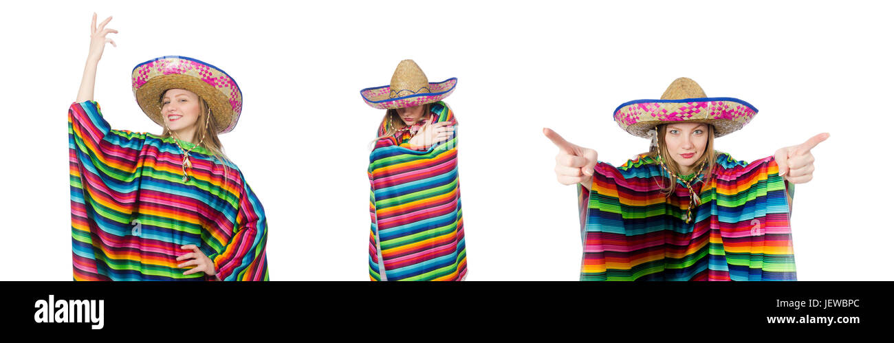 Pretty girl in mexican poncho isolated on white Stock Photo - Alamy