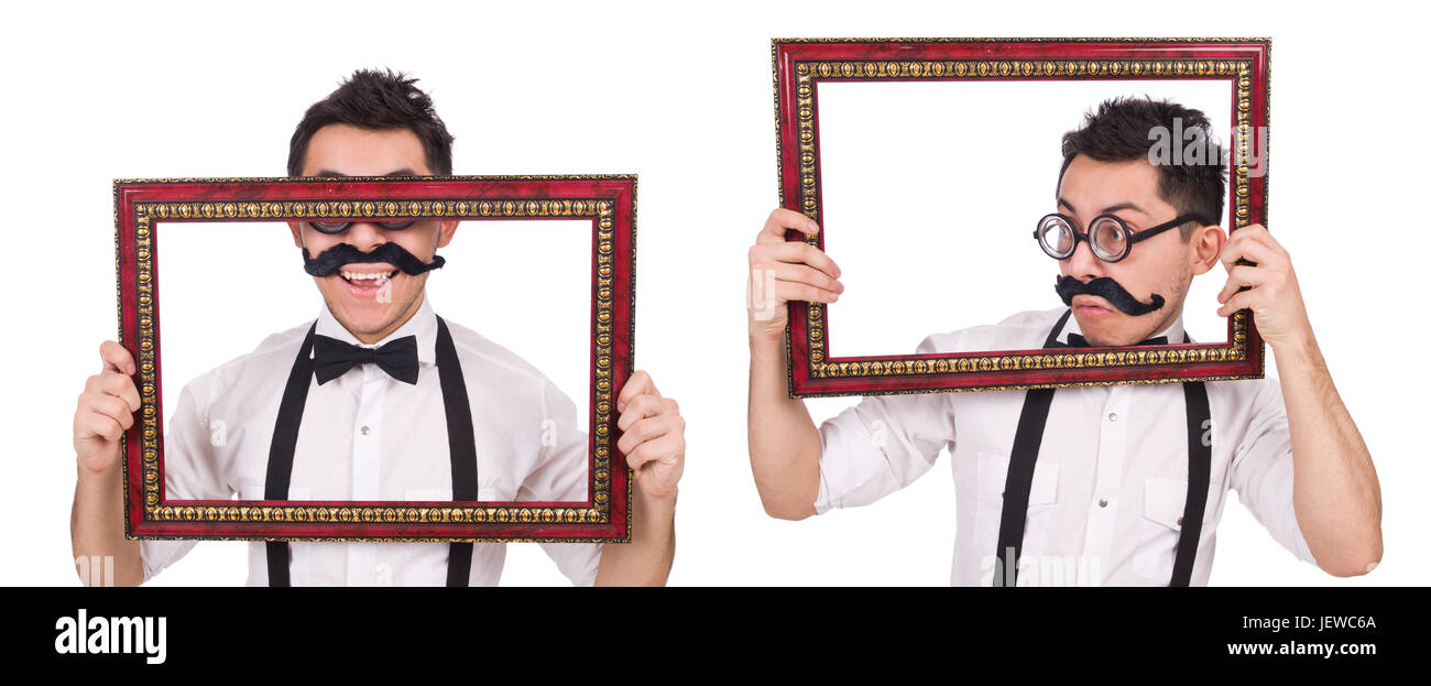 Young man with frame isolated on white Stock Photo - Alamy