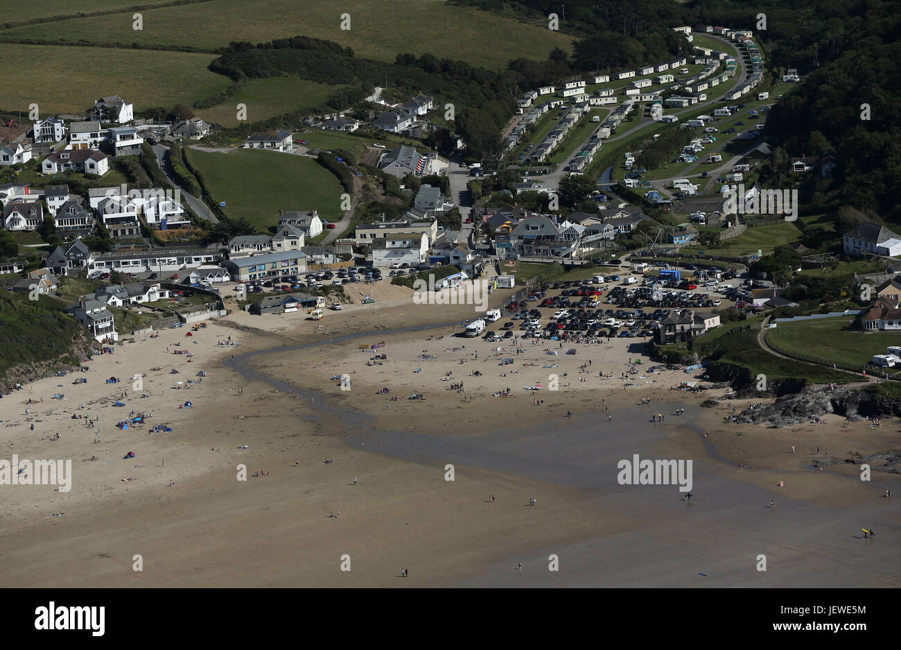 Aerial view of the great surfing beach at Polzeath in Cornwall Stock ...