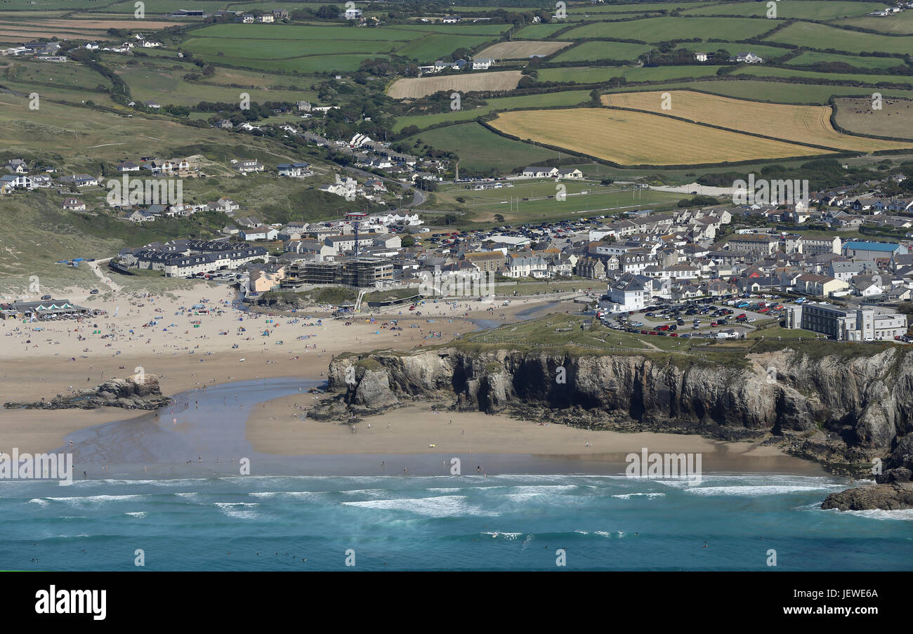 Aerial views of the Cornish village of Perranporth and its surf beach ...