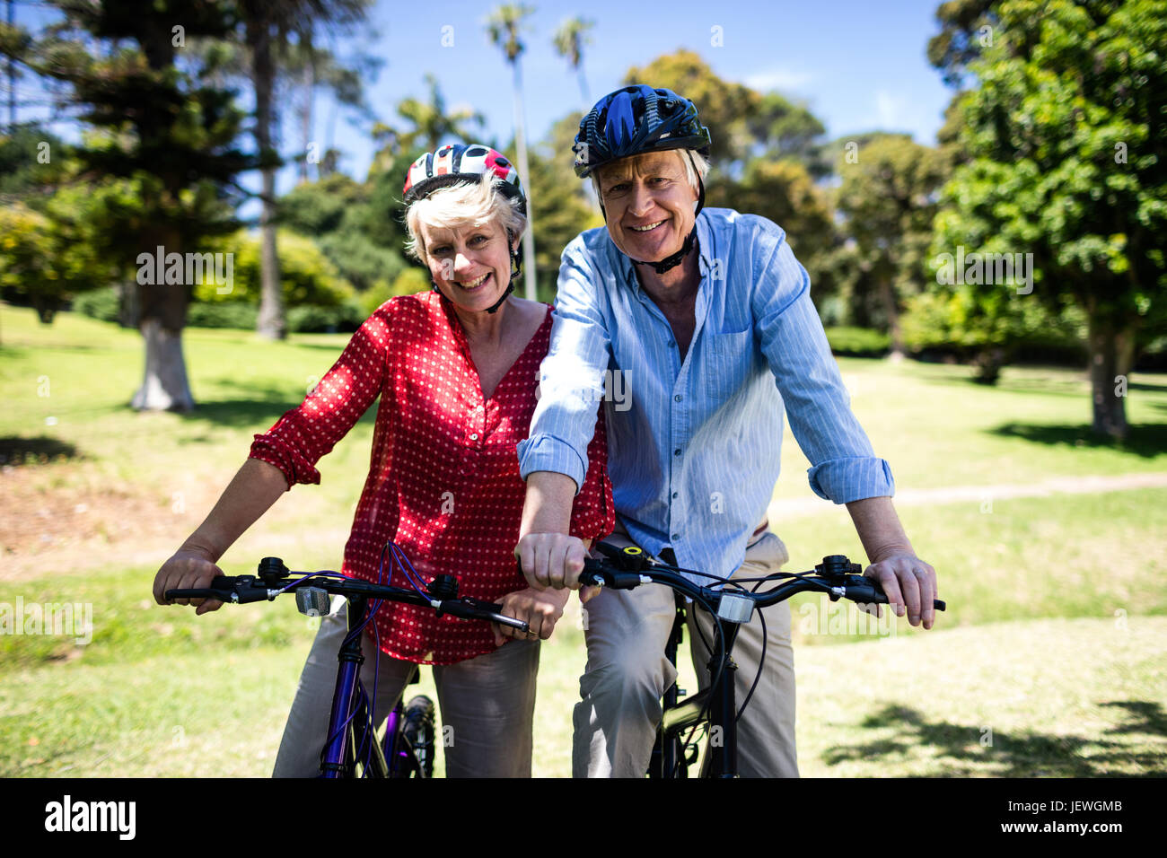 Happy couple riding a bicycle in park Stock Photo - Alamy