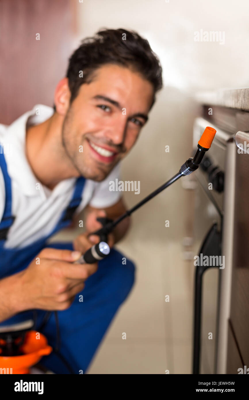 Cheerful man spraying insecticide on oven Stock Photo - Alamy