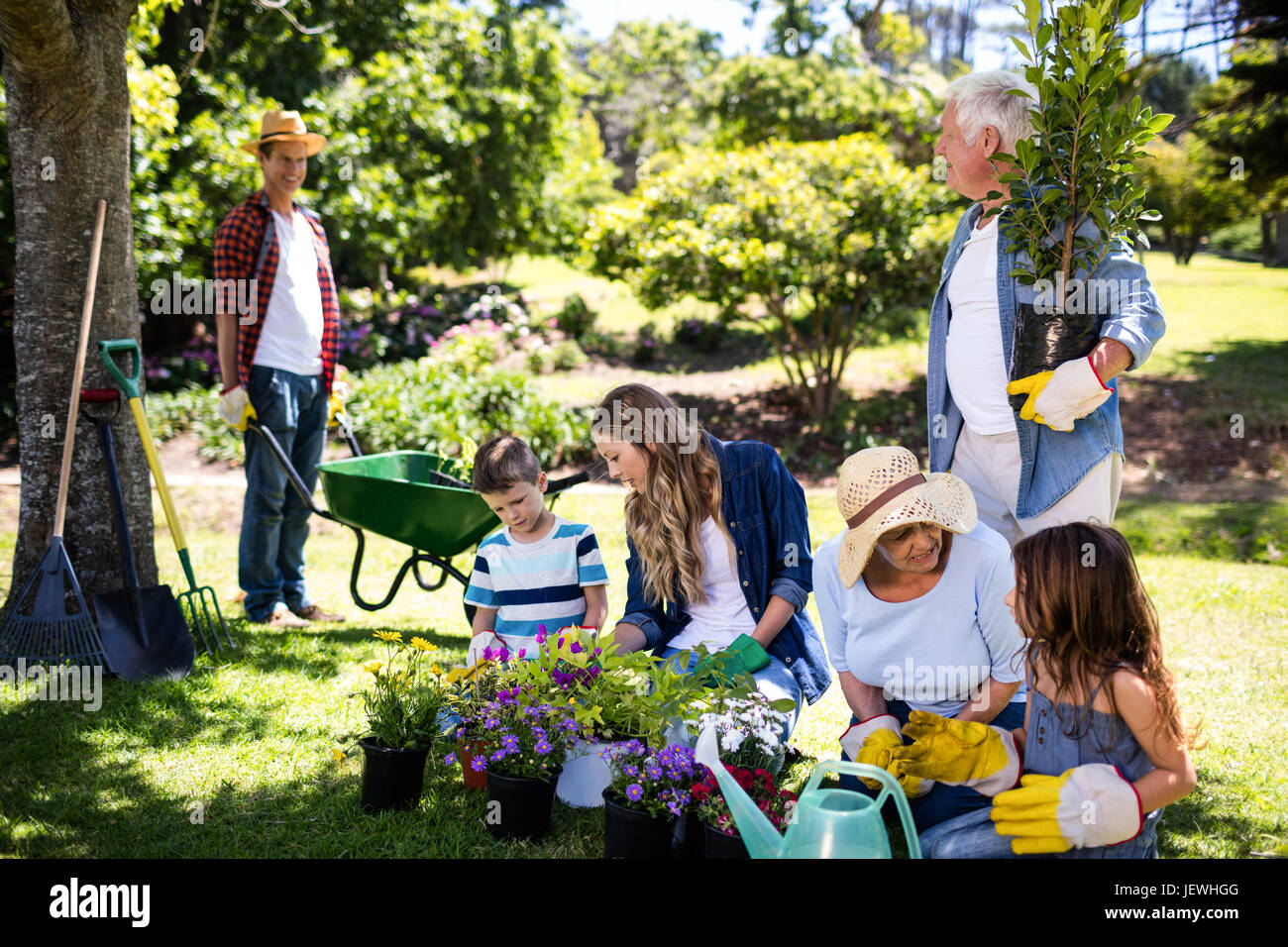 Multi-generation family gardening in the park Stock Photo - Alamy